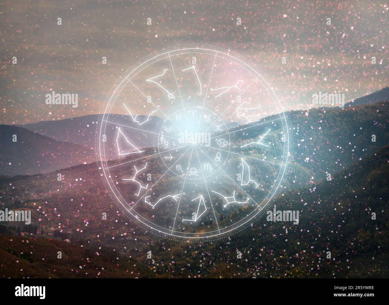 Zodiac wheel with 12 astrological signs and star constellations and ...