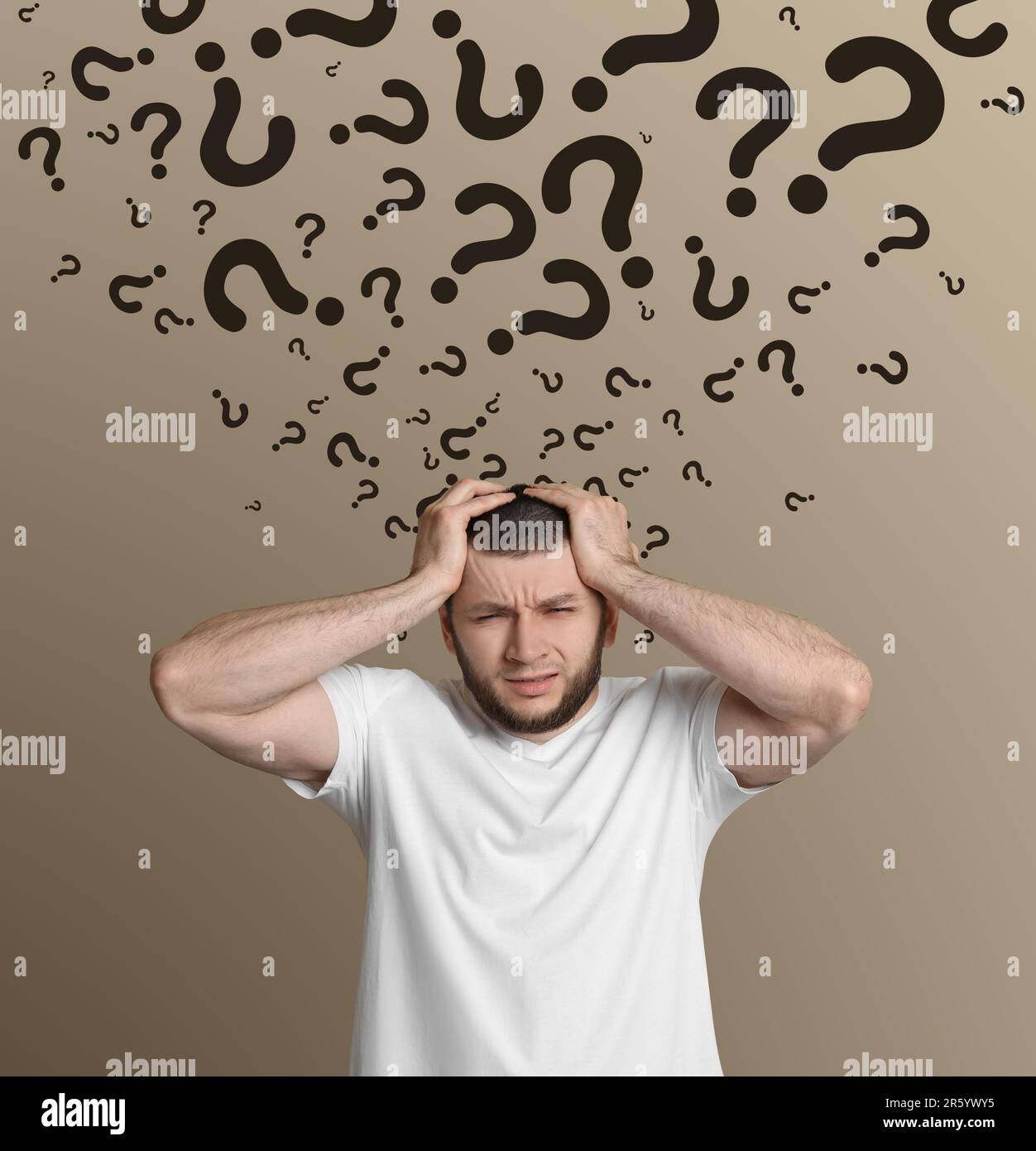 Amnesia Concept Man Trying To Remember Something On Beige Background