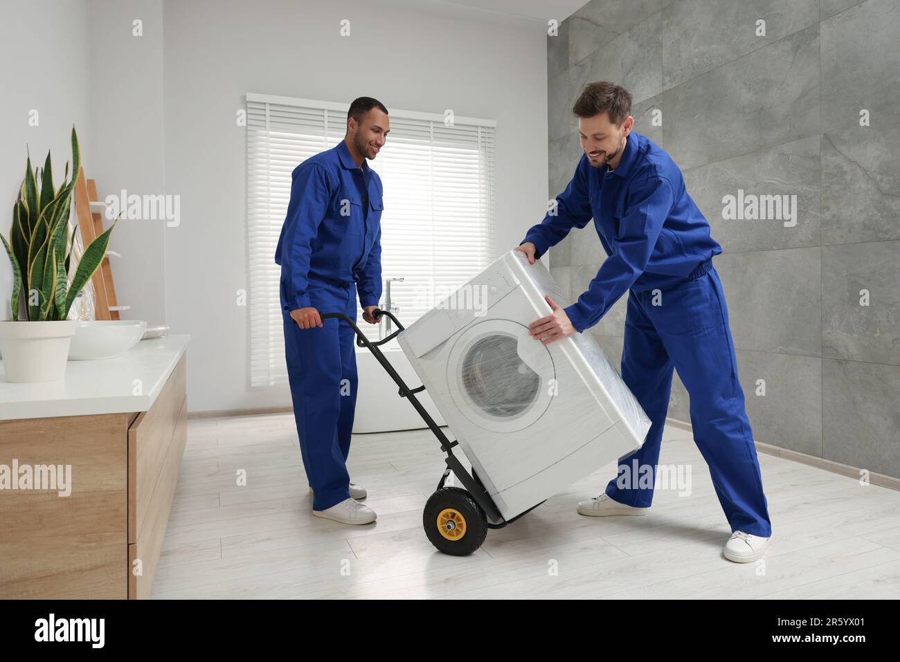 Male movers carrying washing machine in bathroom. New house Stock Photo ...