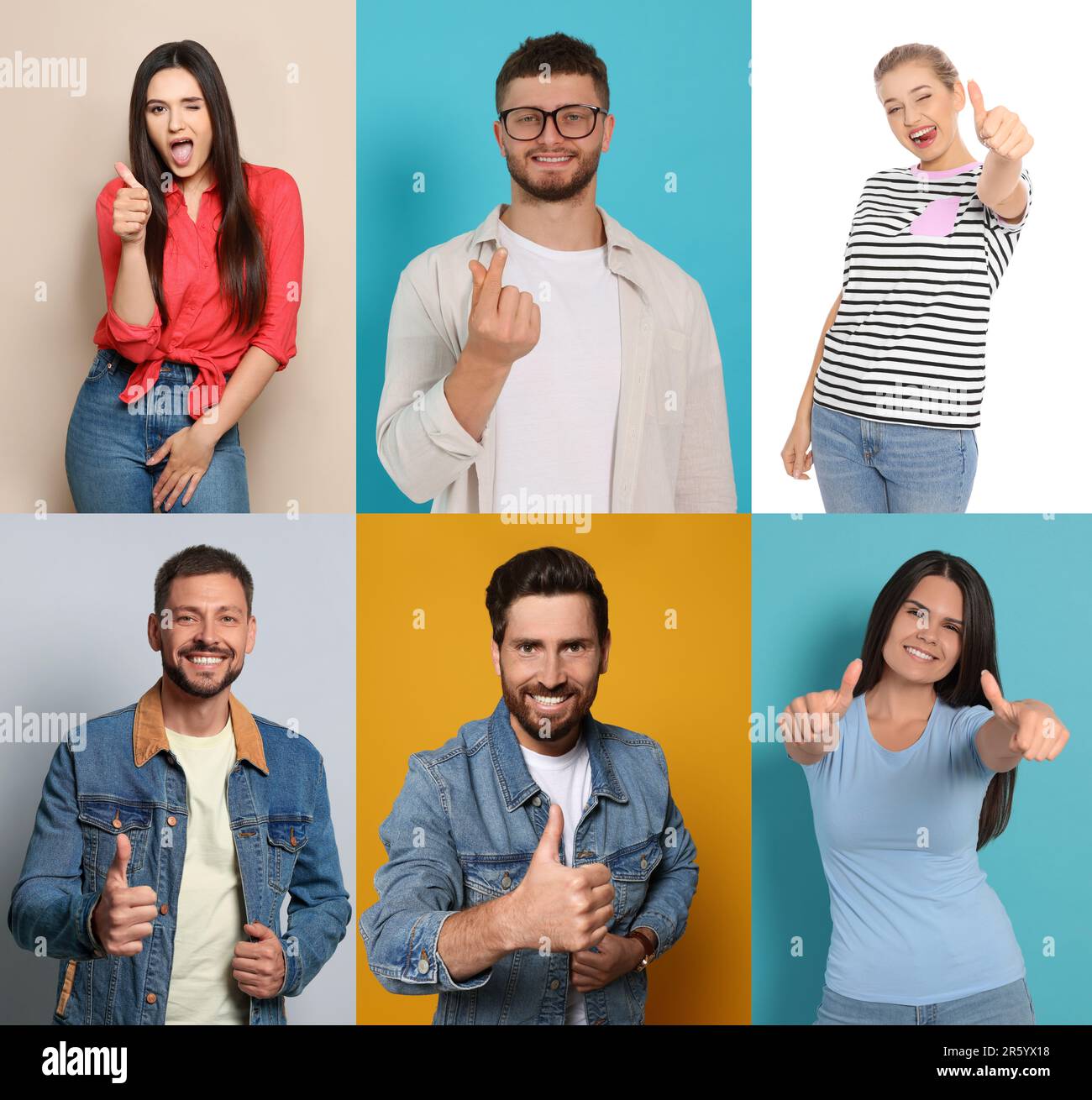 Collage with photos of people showing positive gestures on different ...