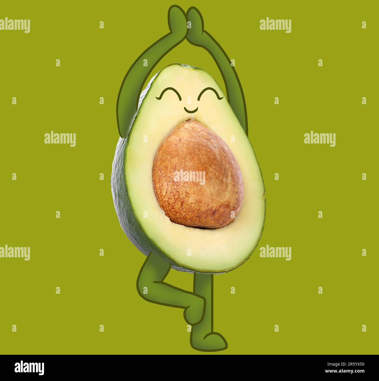 Creative artwork. Happy avocado practicing yoga. Fruit with drawings on ...