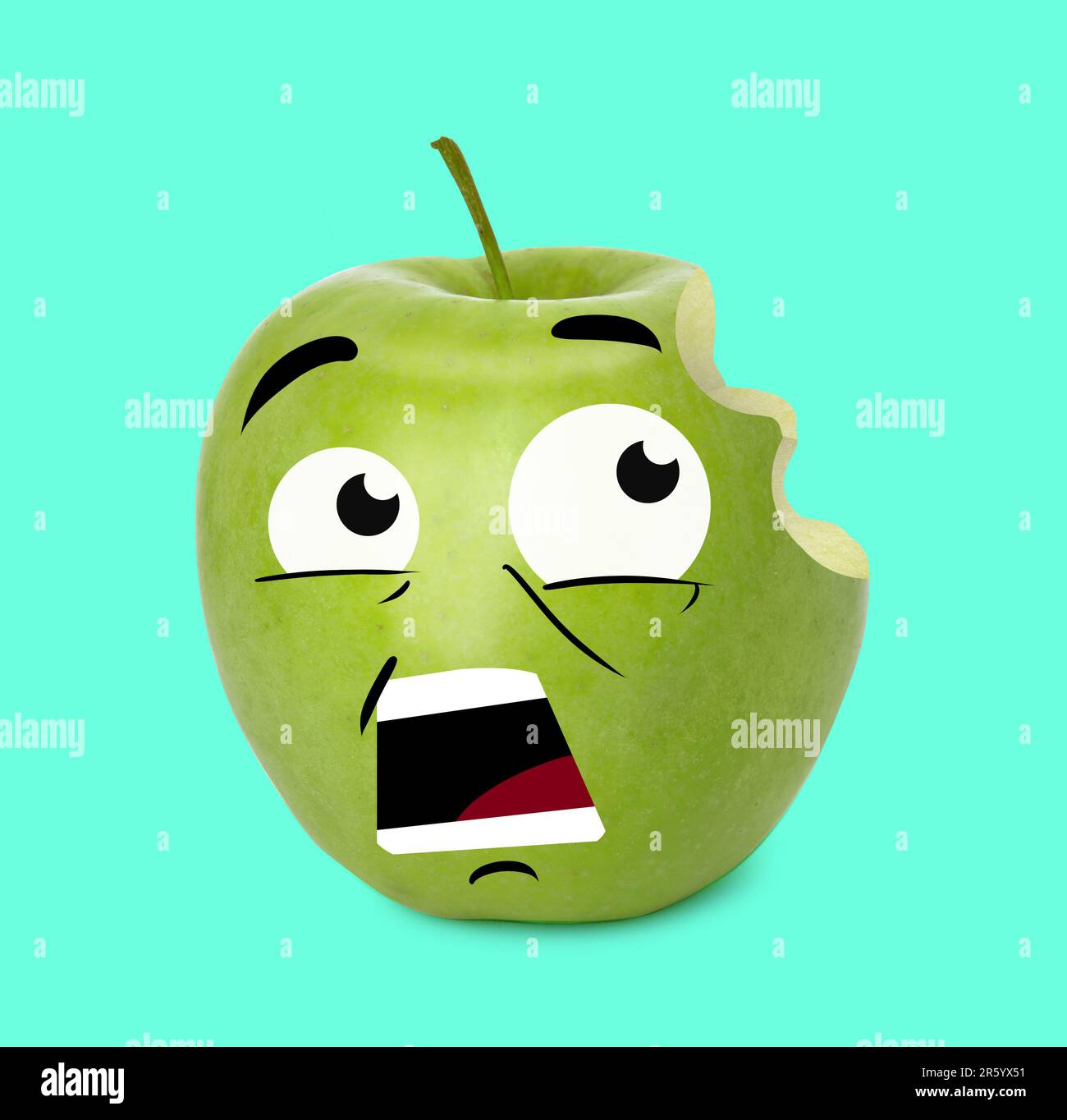 Creative artwork. Emotional green bitten apple. Fruit with drawings on ...