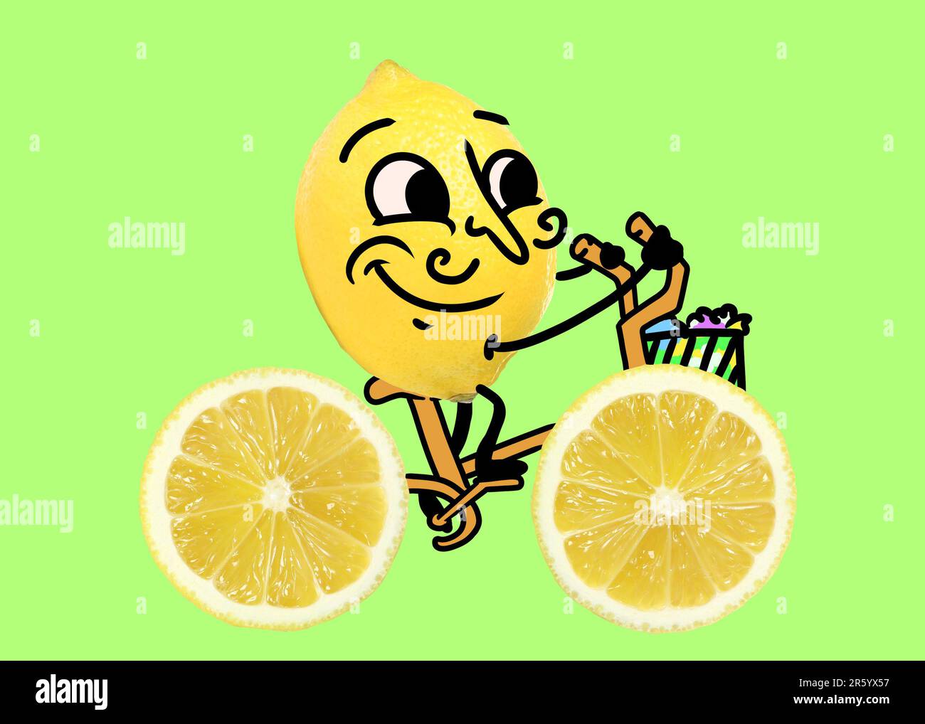 Creative artwork. Happy lemon riding bike made of citrus slices. Fruit ...