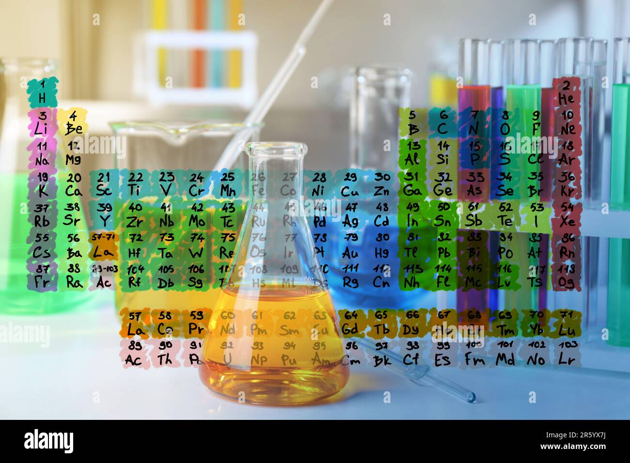 Studying chemistry. Periodic table and laboratory glassware, double ...