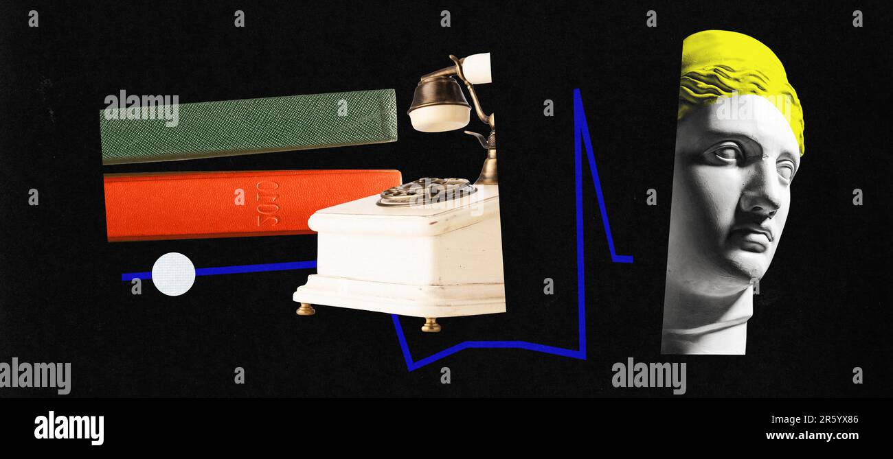 Creative abstract design with antique statue bust, retro phone and ...