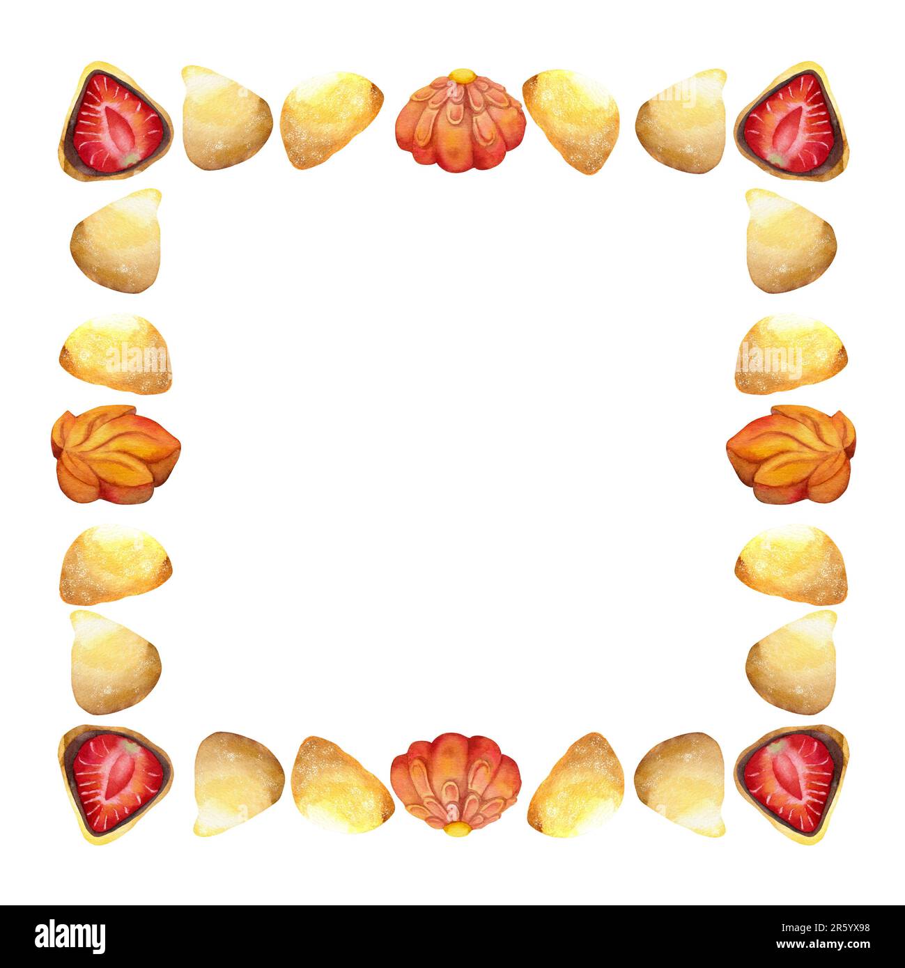 Watercolor hand drawn traditional Japanese sweets. Square frame of ...