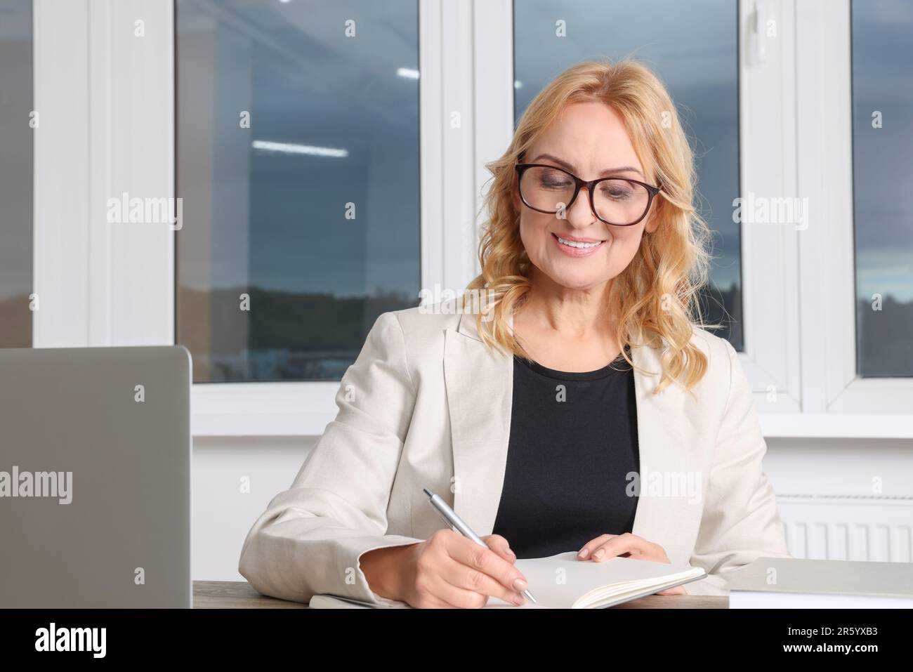 Lady boss working near laptop at desk in office. Successful ...