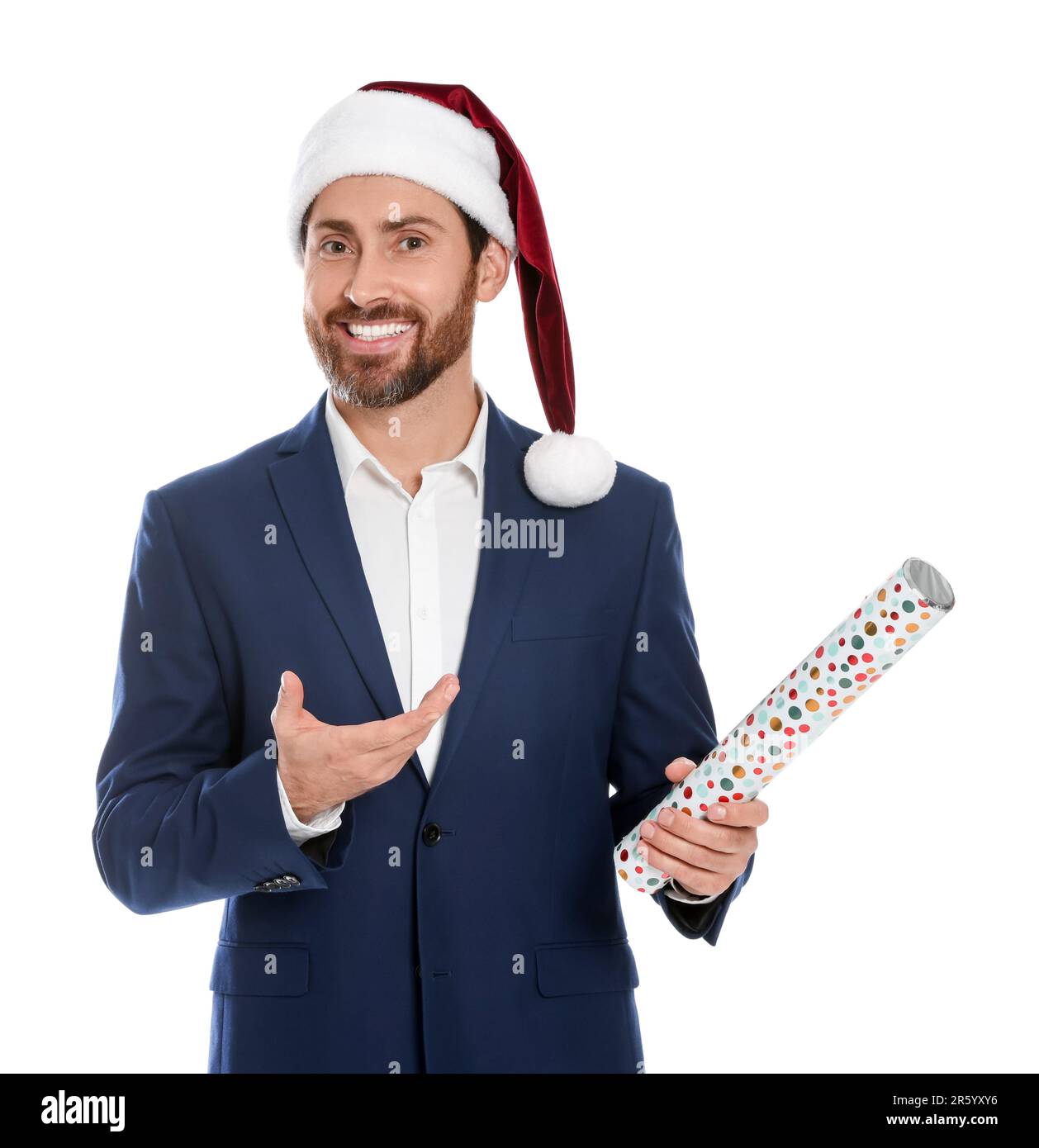 Happy man with party popper on white background Stock Photo - Alamy