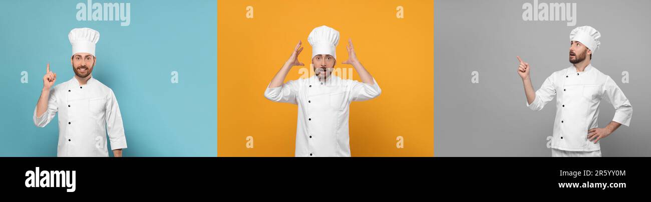 Chef in uniform on different color backgrounds, collage design Stock ...
