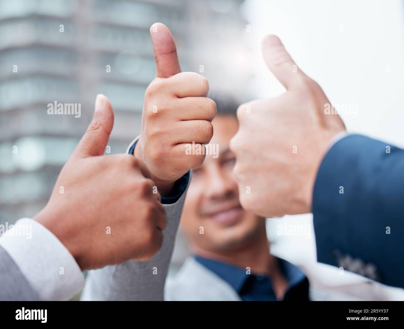 Winning, thumbs up and group of people thank you, support or teamwork ...