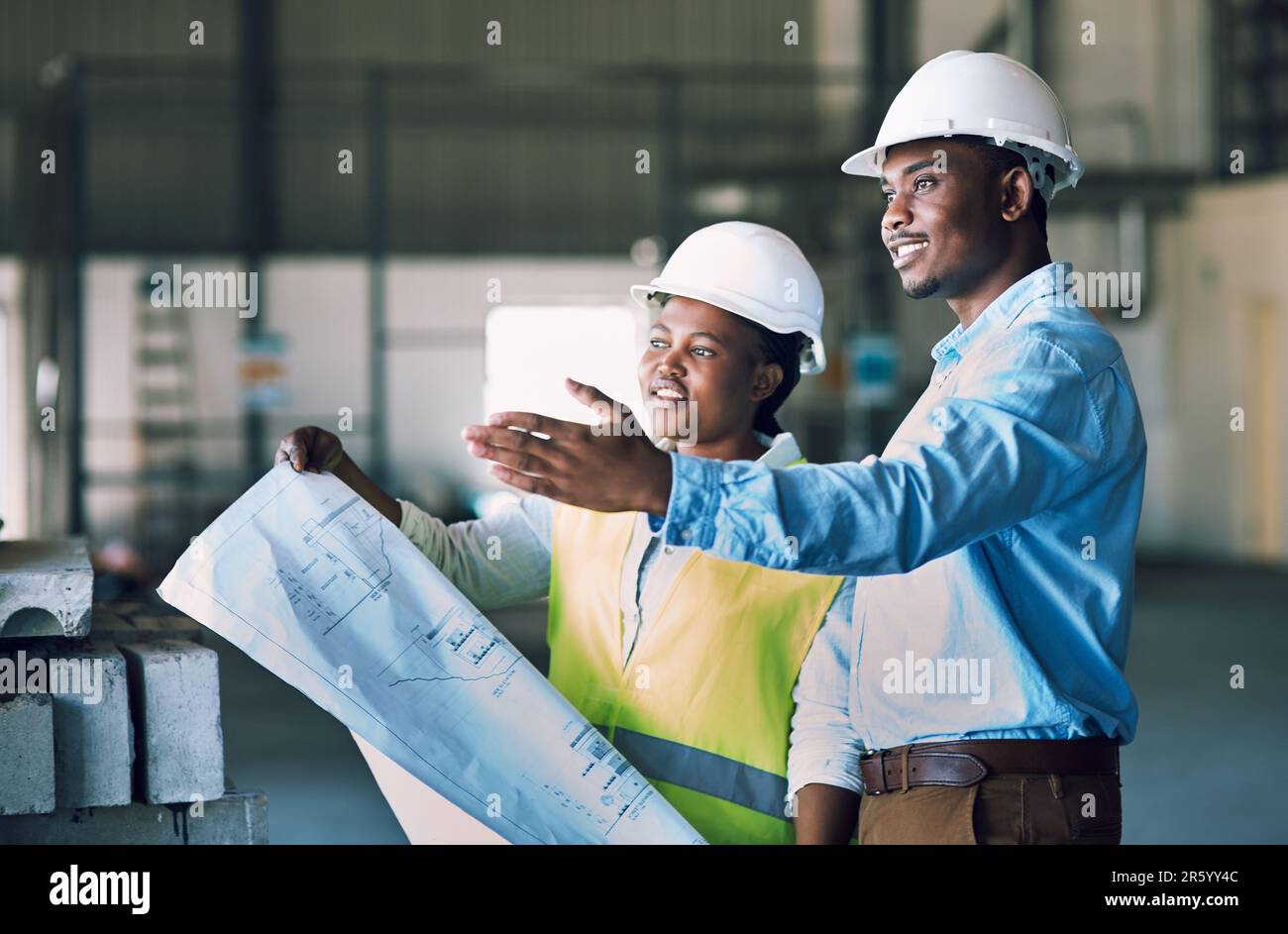 Black people, architect and blueprint in construction, planning or ...