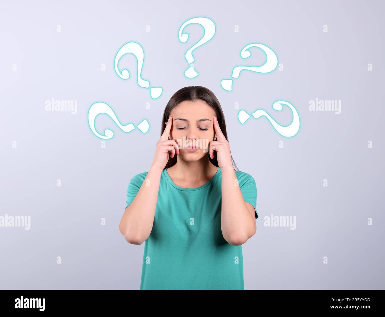 Amnesia Concept Woman Surrounded By Question Marks Trying To Remember