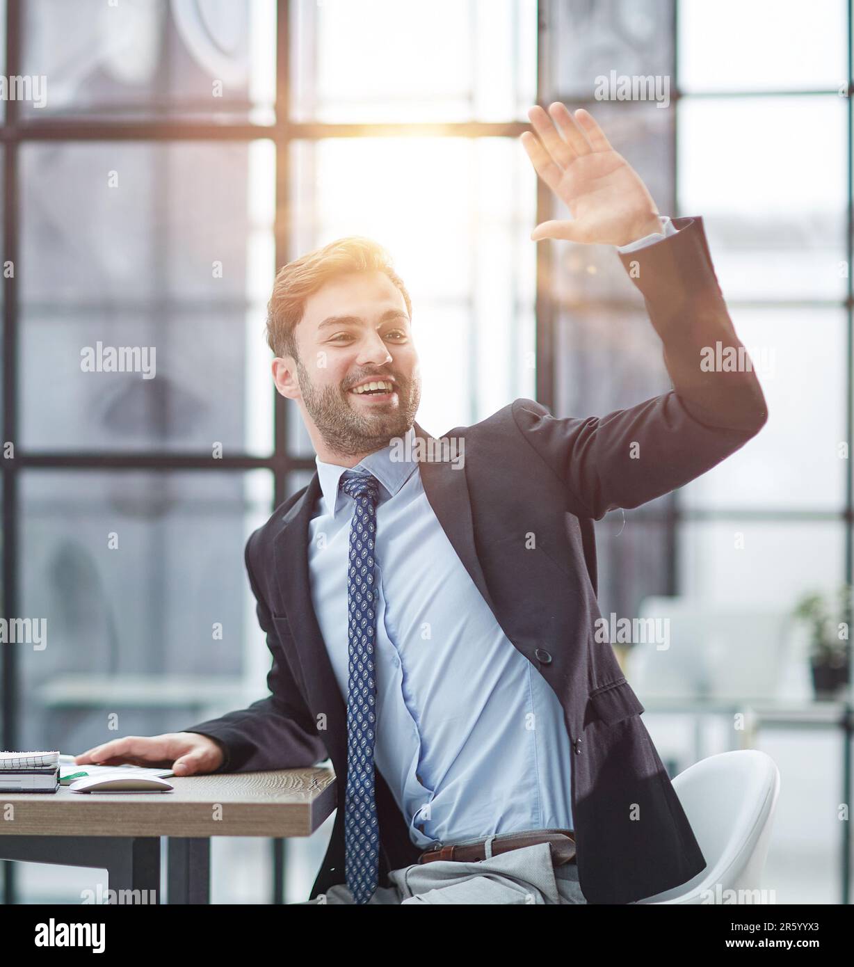 Hello. Portrait Of Cheerful Middle Aged Business Man Waving Hand ...