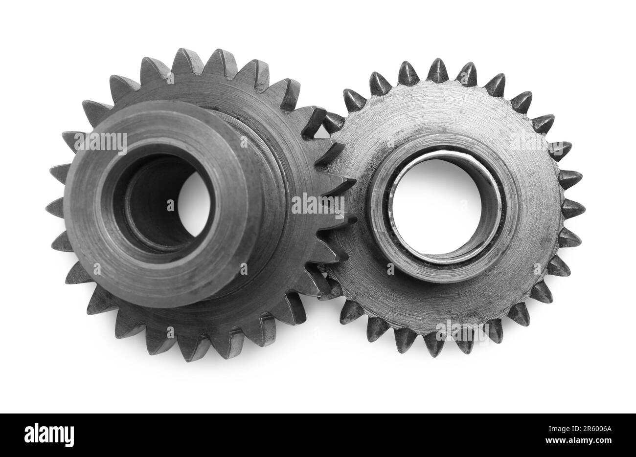 Stainless steel gears isolated on white, top view Stock Photo - Alamy