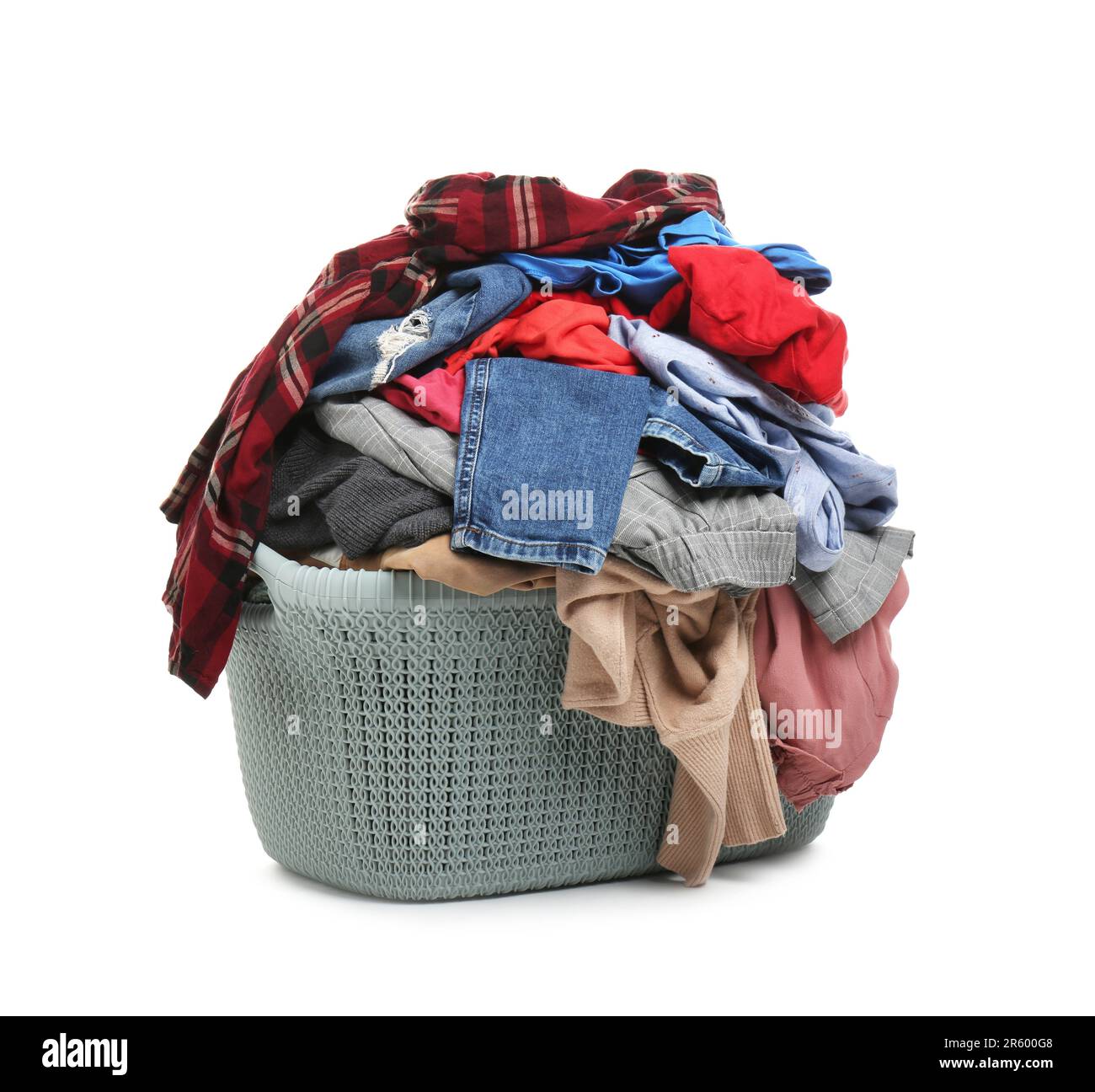 Plastic laundry basket full of clothes isolated on white Stock Photo ...