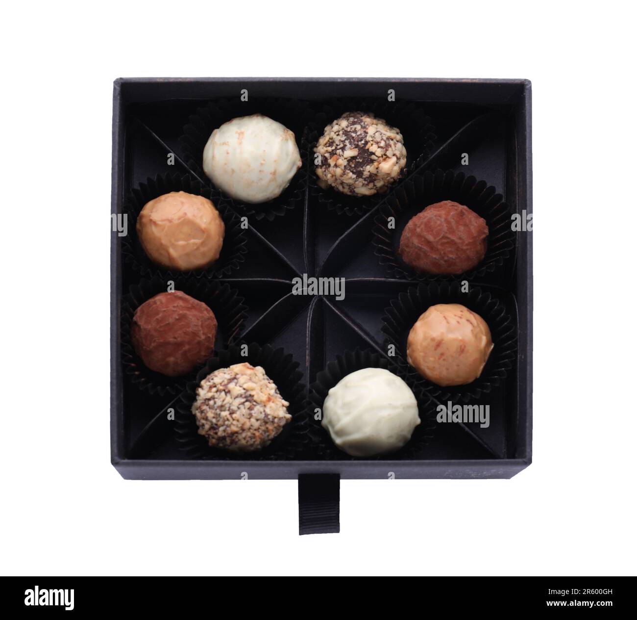 Box of delicious chocolate candies isolated on white, top view Stock ...
