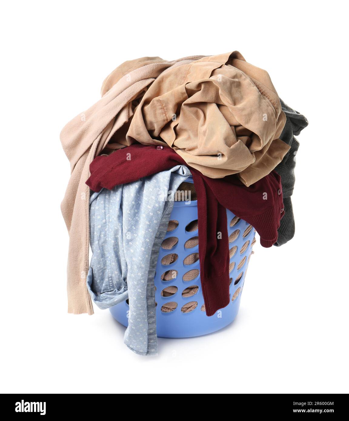 Plastic laundry basket full of clothes isolated on white Stock Photo ...