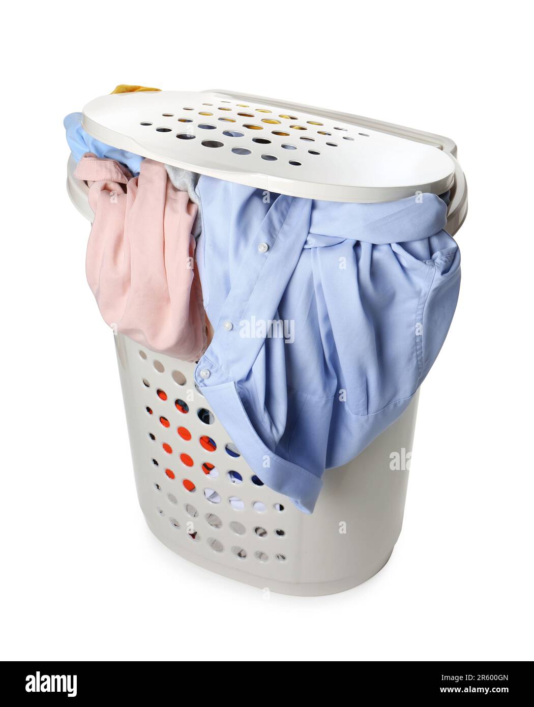 Plastic laundry basket full of clothes isolated on white Stock Photo ...