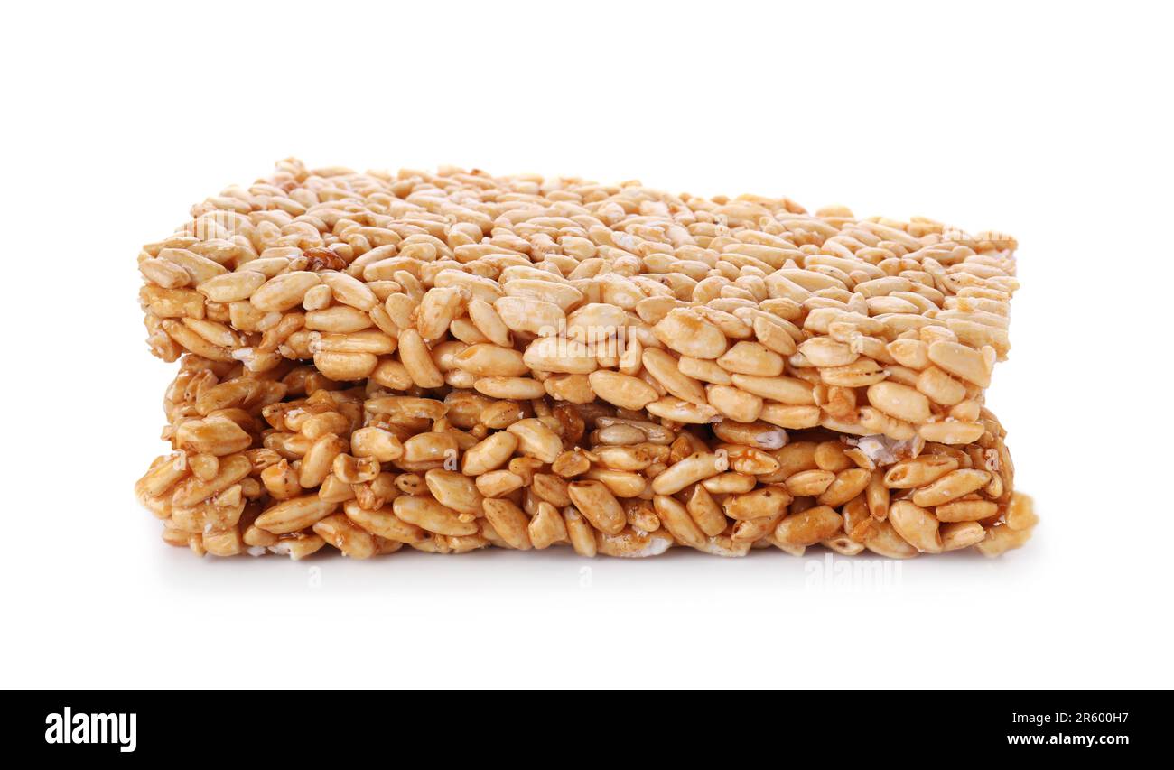 Puffed rice bars (kozinaki) on white background Stock Photo - Alamy