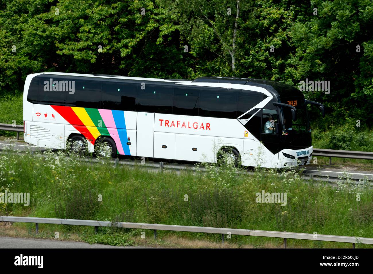 Trafalgar coach joining the M40 motorway, Warwick, Warwickshire, UK ...