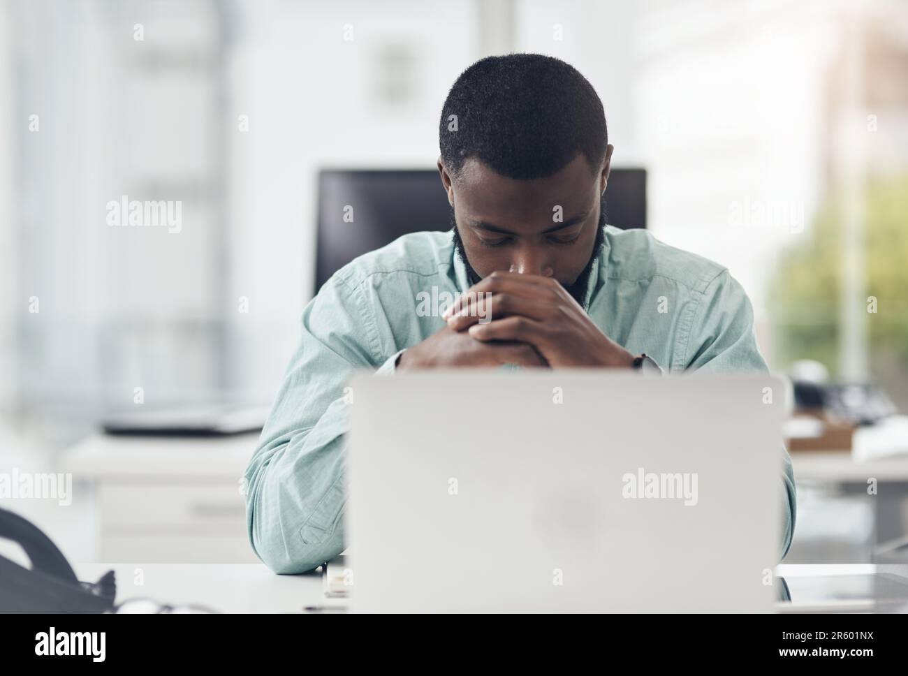 Thinking, stress and business man on computer with mental health risk ...