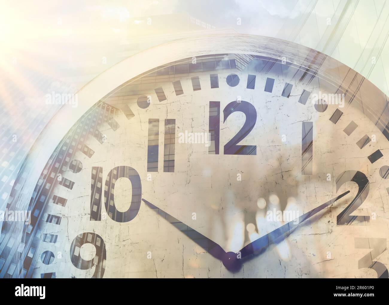 Time related concepts. Multiple exposure of clock, office buildings and ...