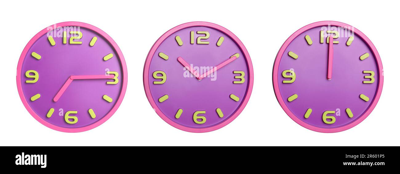 Stylish purple clock showing different time on white background ...