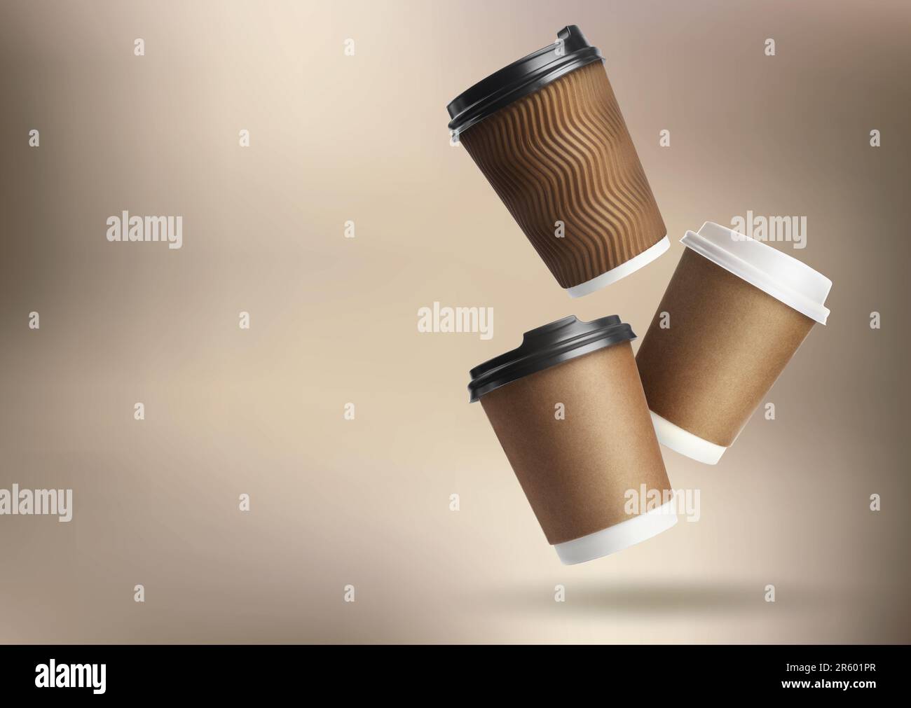 Collage with falling takeaway paper cups on light brown background ...