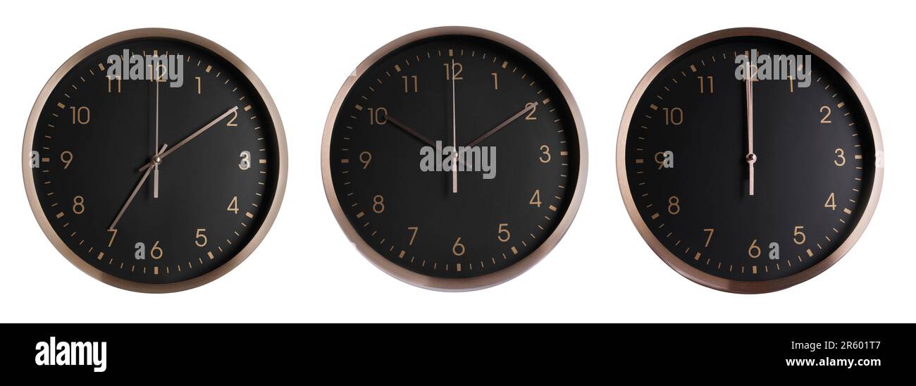 Stylish clock showing different time on white background, collage ...