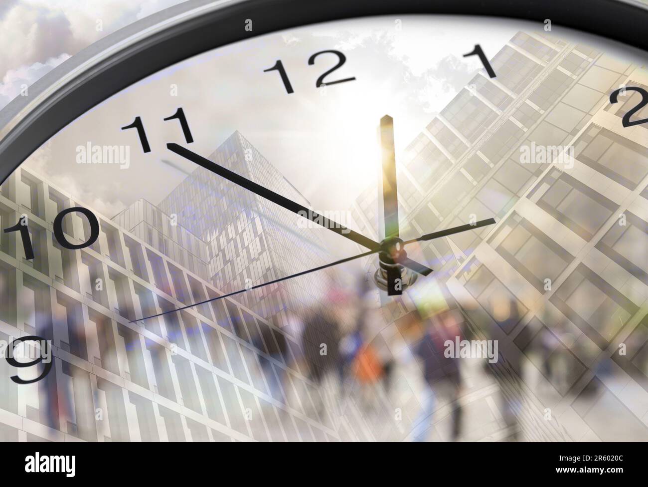 Time related concepts. Multiple exposure of clock, office buildings and ...