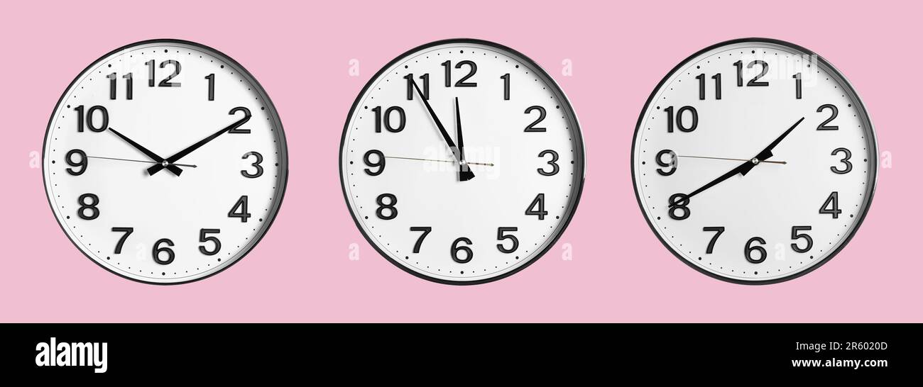 Stylish clock showing different time on pale pink background, collage ...