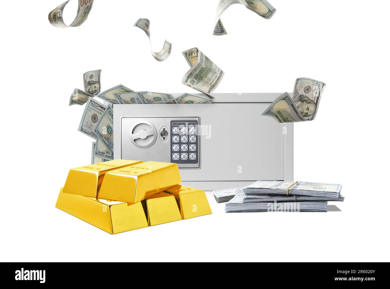 Closed steel safe with money and gold bars on white background Stock ...