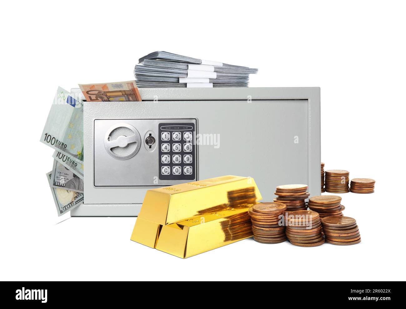 Closed steel safe with money and gold bars on white background Stock ...