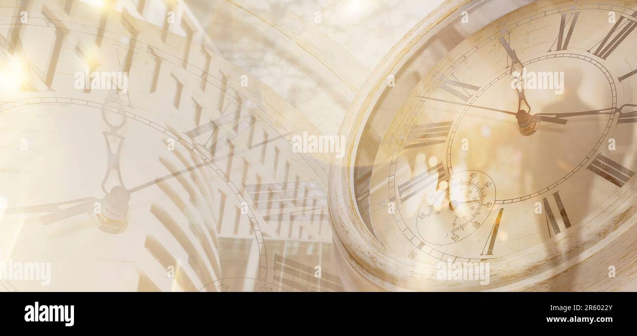 Time related concepts. Multiple exposure of clocks, office buildings ...