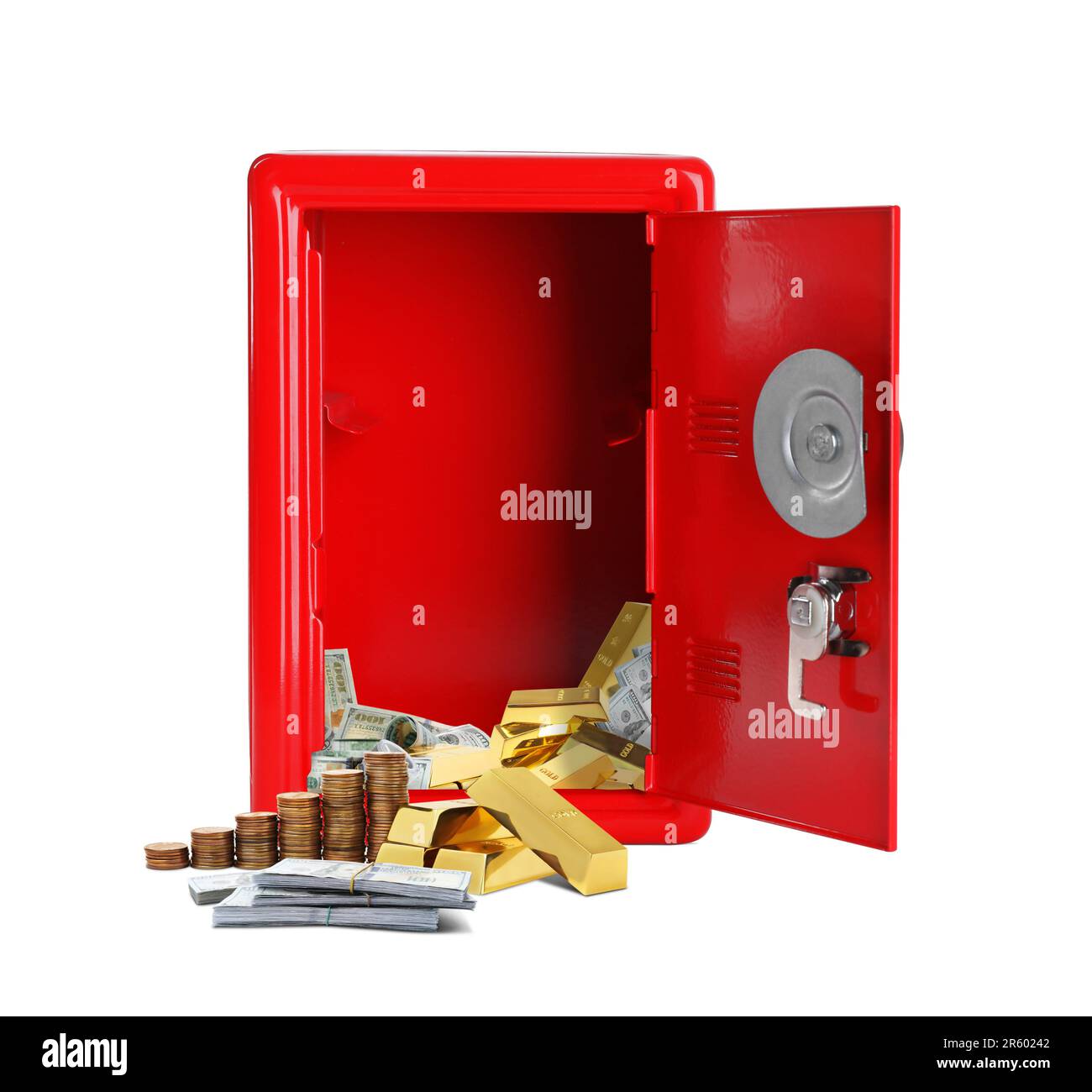 Open red steel safe with money and gold bars on white background Stock ...