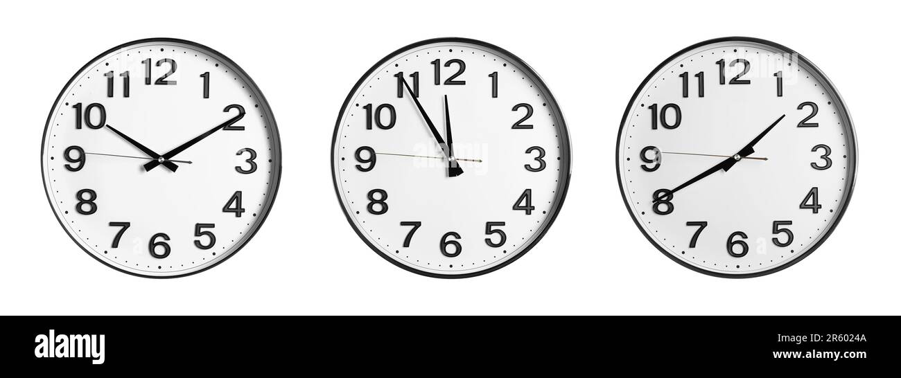 Stylish clock showing different time on white background, collage ...