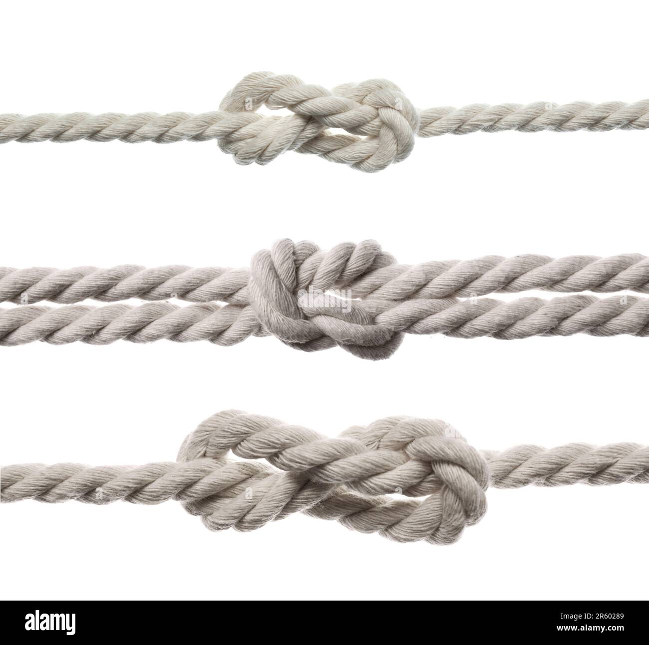 Set of cotton ropes with knots on white background, closeup Stock Photo ...
