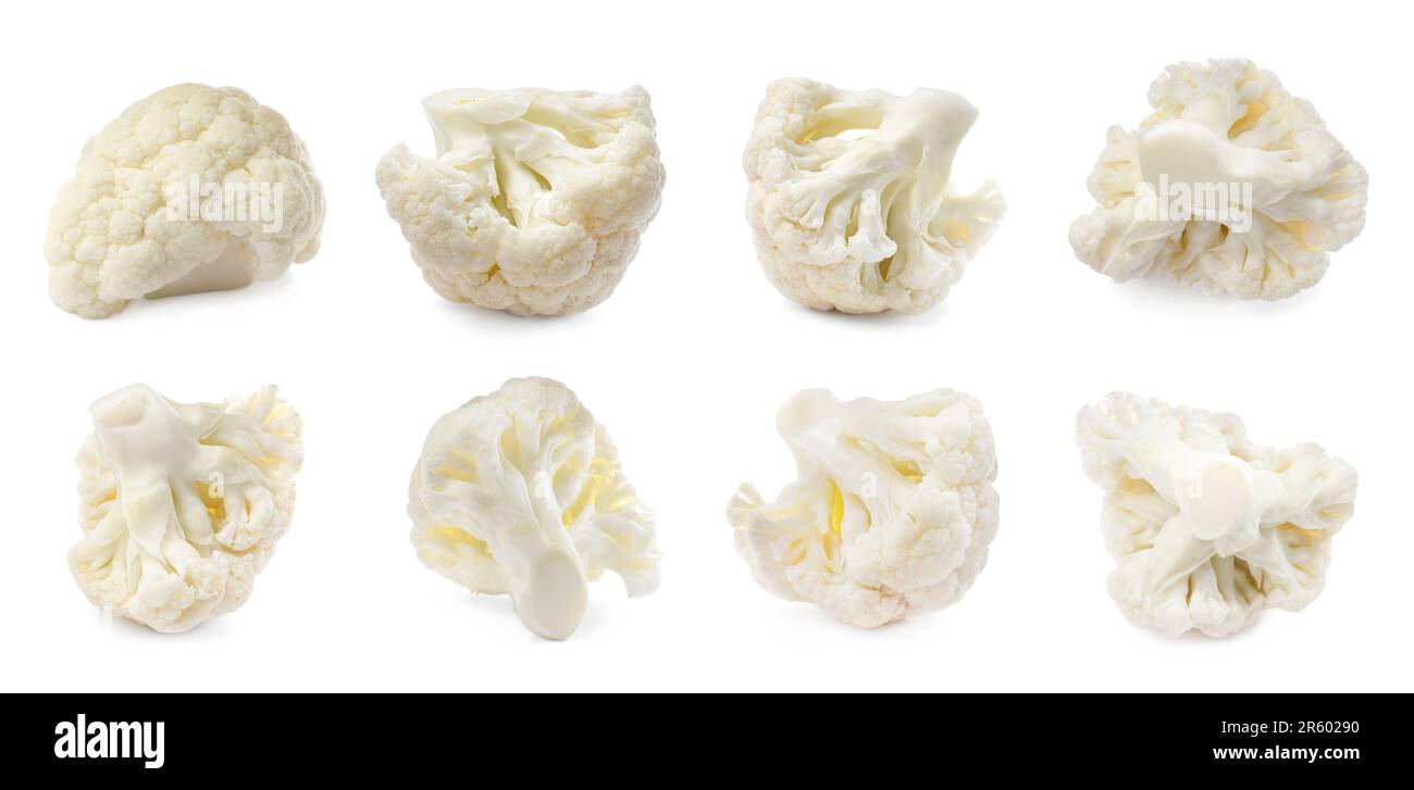 Collage of fresh raw cauliflower florets on white background Stock ...