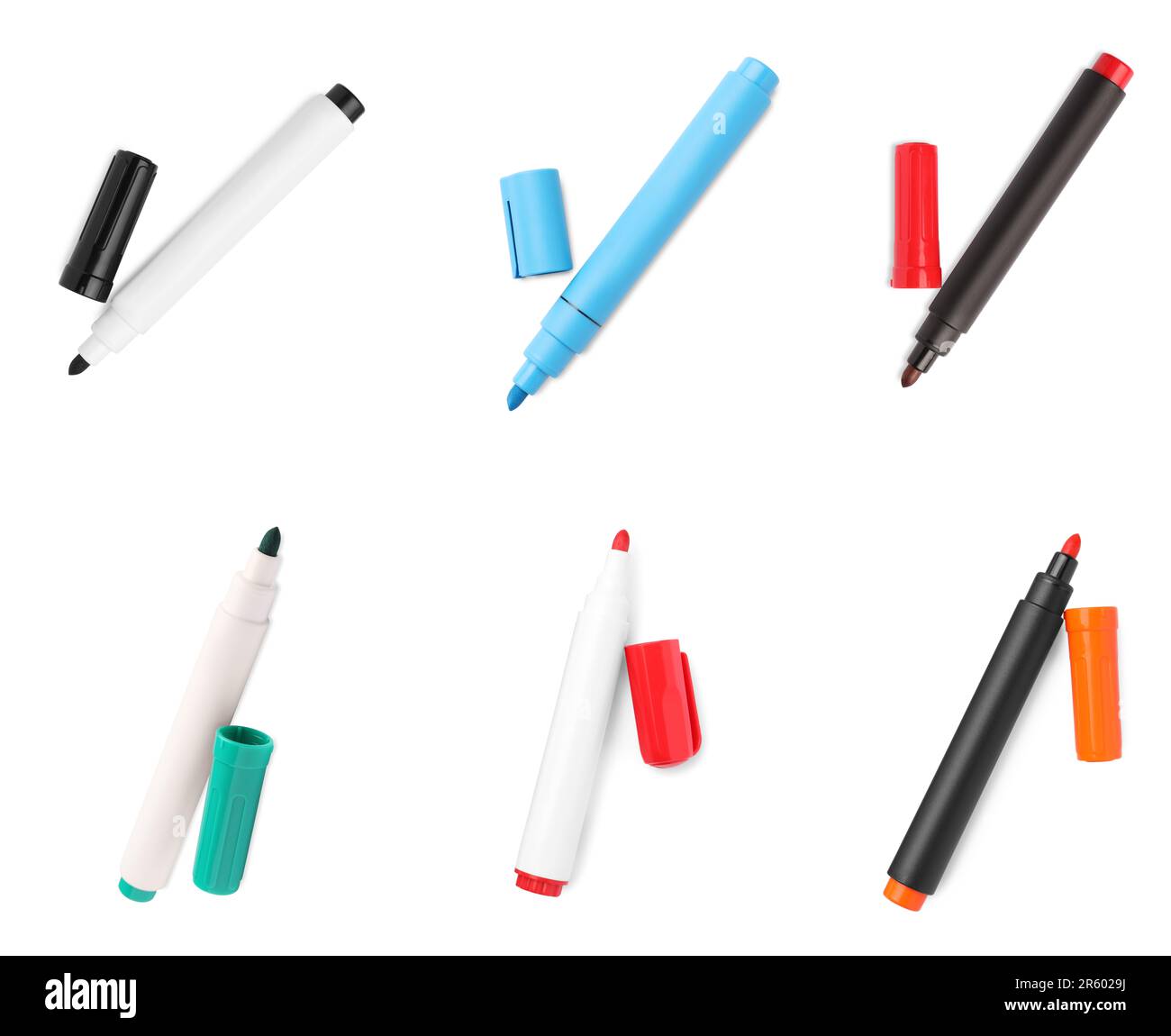 Collage of different bright colorful markers on white background Stock ...