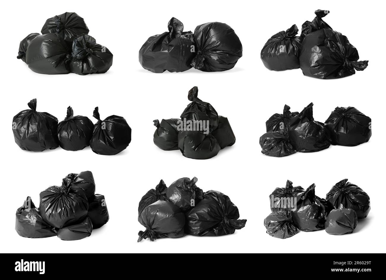 Set with many black trash bags full of garbage on white background ...