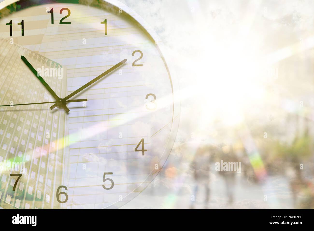 Time related concepts. Multiple exposure of clock, office buildings and ...