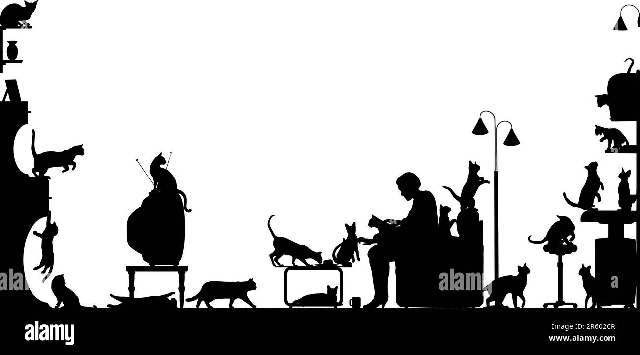Foreground silhouette of a woman in a living room with twenty cats ...