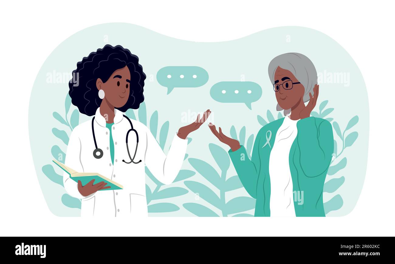 Ovarian Cancer Awareness Month Young smiling female doctor talking to ...