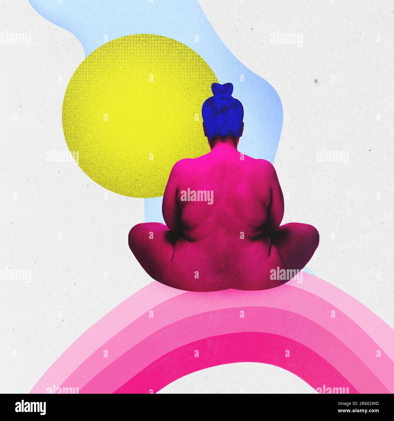 Back view image of fat woman sitting on rainbow symbolizing wellness ...