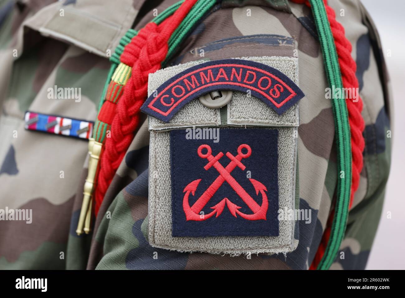 Badge of a French Commando Marine Navy special forces member during a ceremony in tribute to the ...