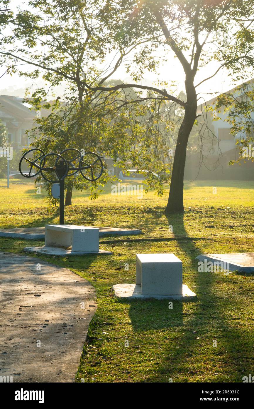 Outdoor gym equipment in a public park. Beautiful morning light Stock ...