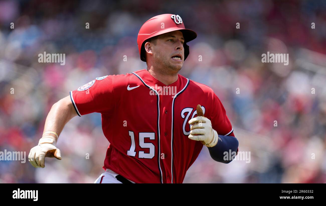 Washington Nationals' Riley Adams runs during an at-bat in a baseball ...