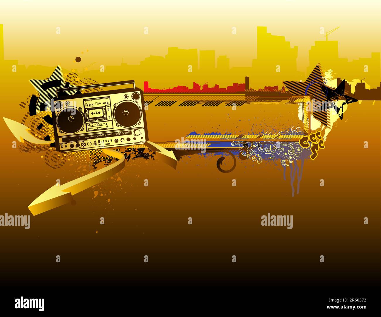 Vector illustration of urban music grunge frame with stars and boombox ...