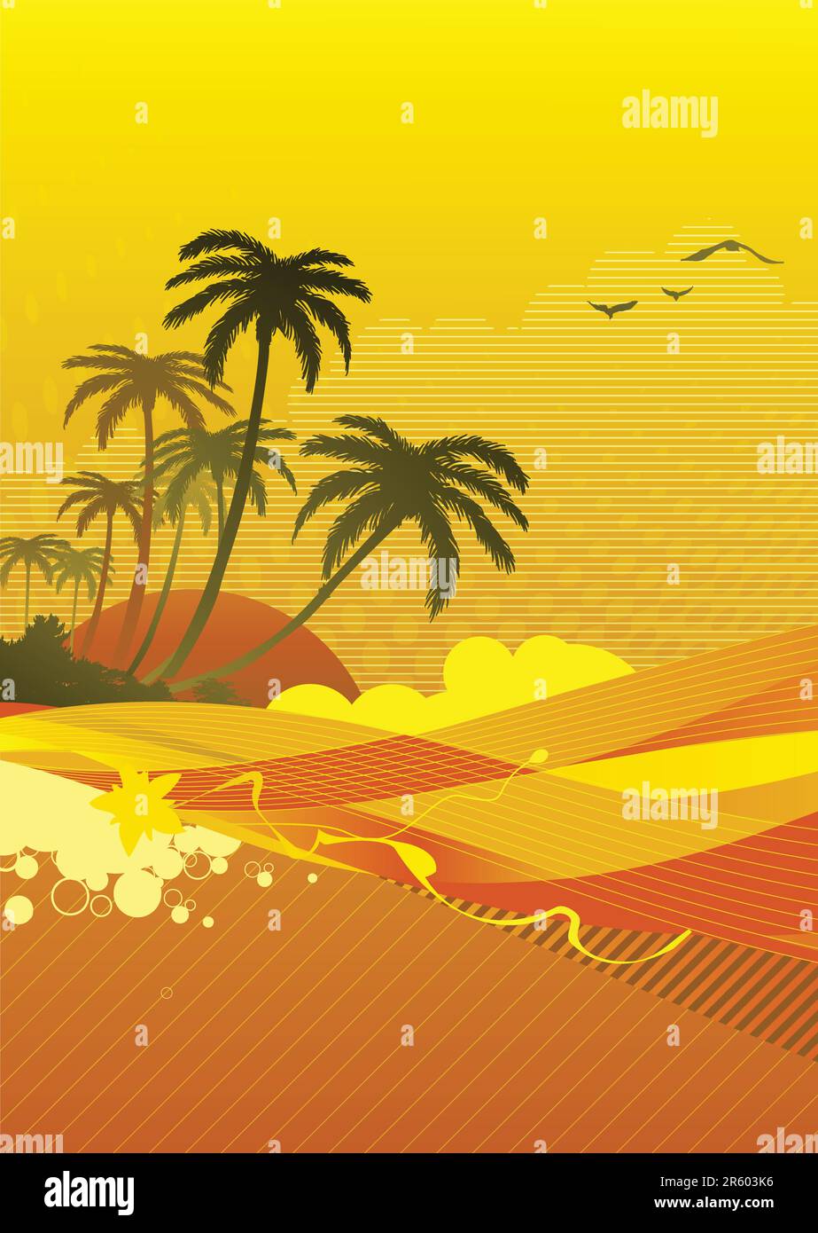 Vector illustration of abstract background with sunrise on the ocean ...