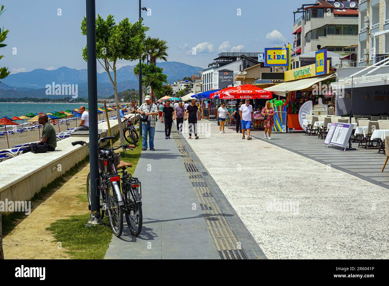 The seafront promenade in the popular tourist town of Fethiye turquoise ...